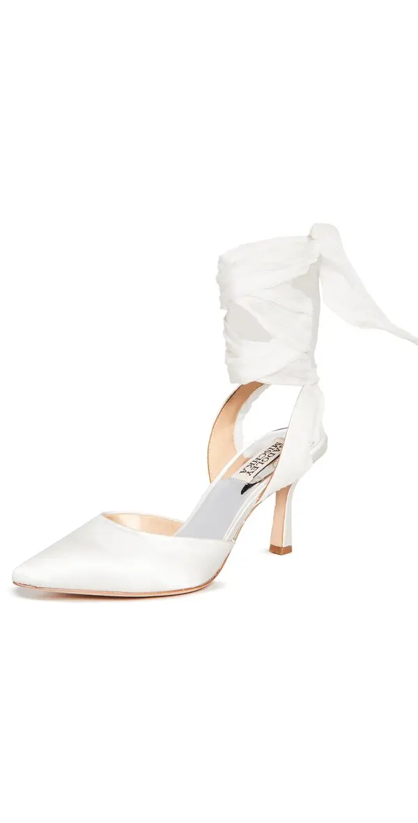 Badgley Mischka Blaze Pointed Toe Pumps With Ankle Wrap - White Satin