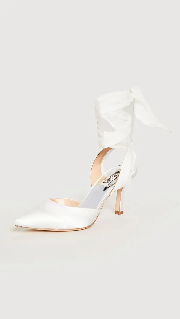 Badgley Mischka Blaze Pointed Toe Pumps With Ankle Wrap - White Satin