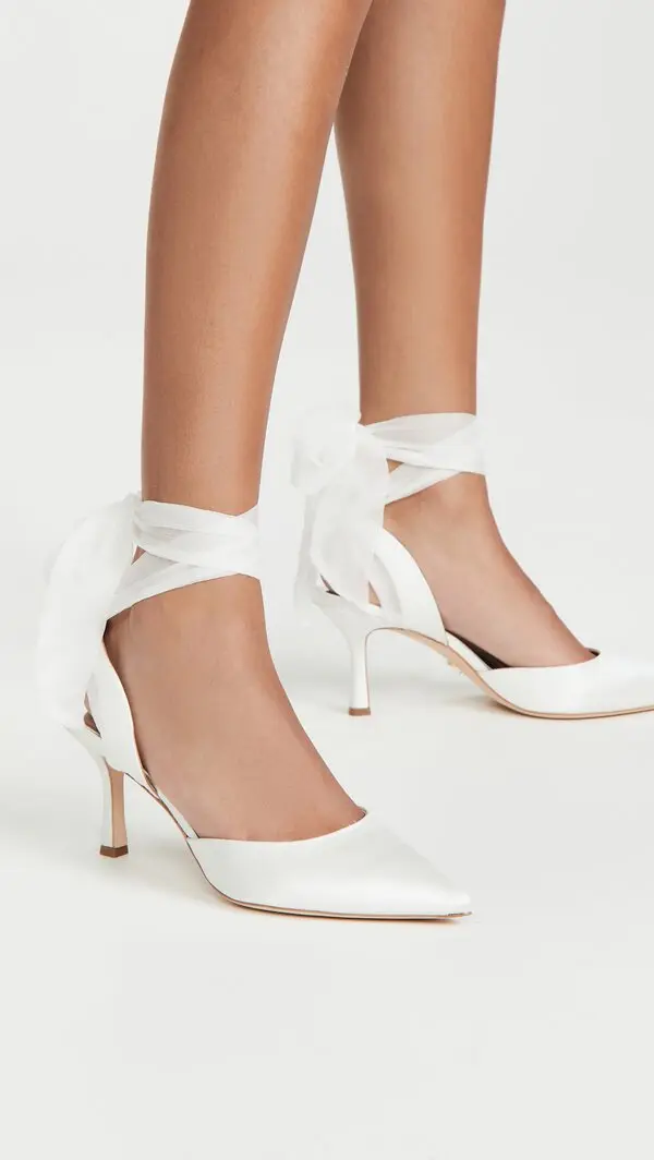 Badgley Mischka Blaze Pointed Toe Pumps With Ankle Wrap - White Satin