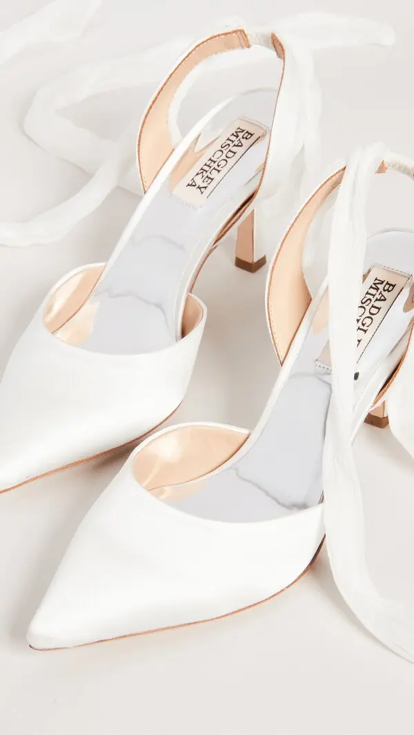 Badgley Mischka Blaze Pointed Toe Pumps With Ankle Wrap - White Satin