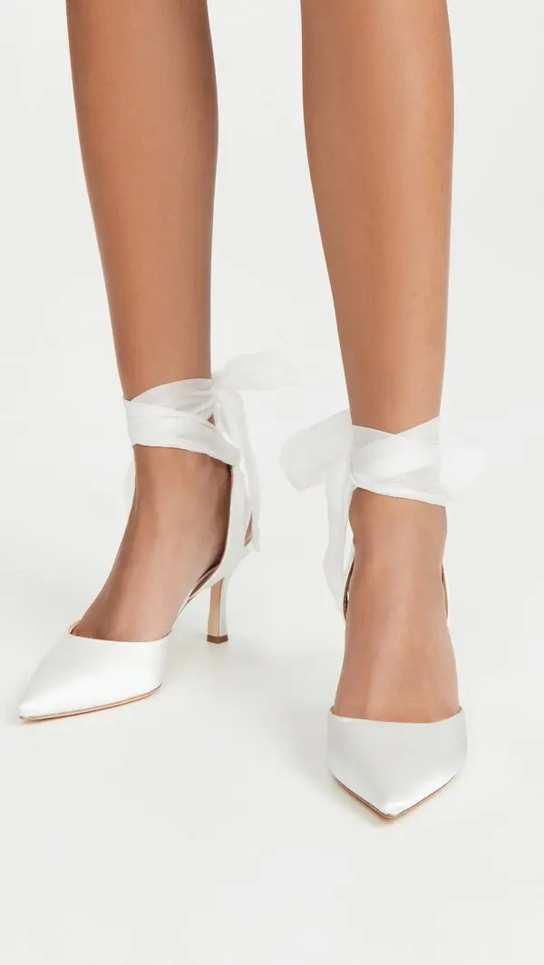 Badgley Mischka Blaze Pointed Toe Pumps With Ankle Wrap - White Satin