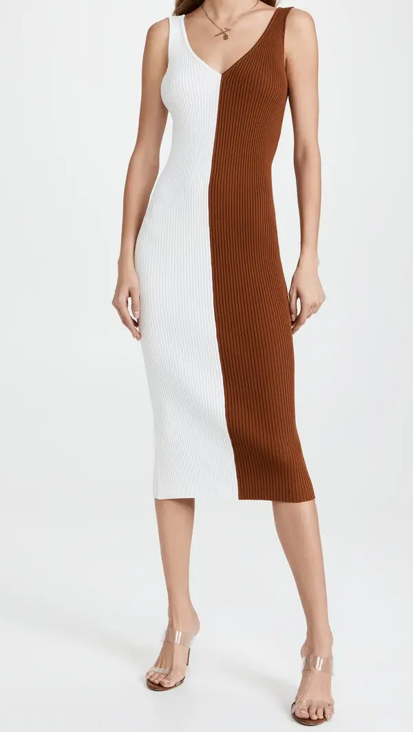 Staud Dana Ribbed Knit Midi Dress In Tan/White - 70% Off | Editorialist
