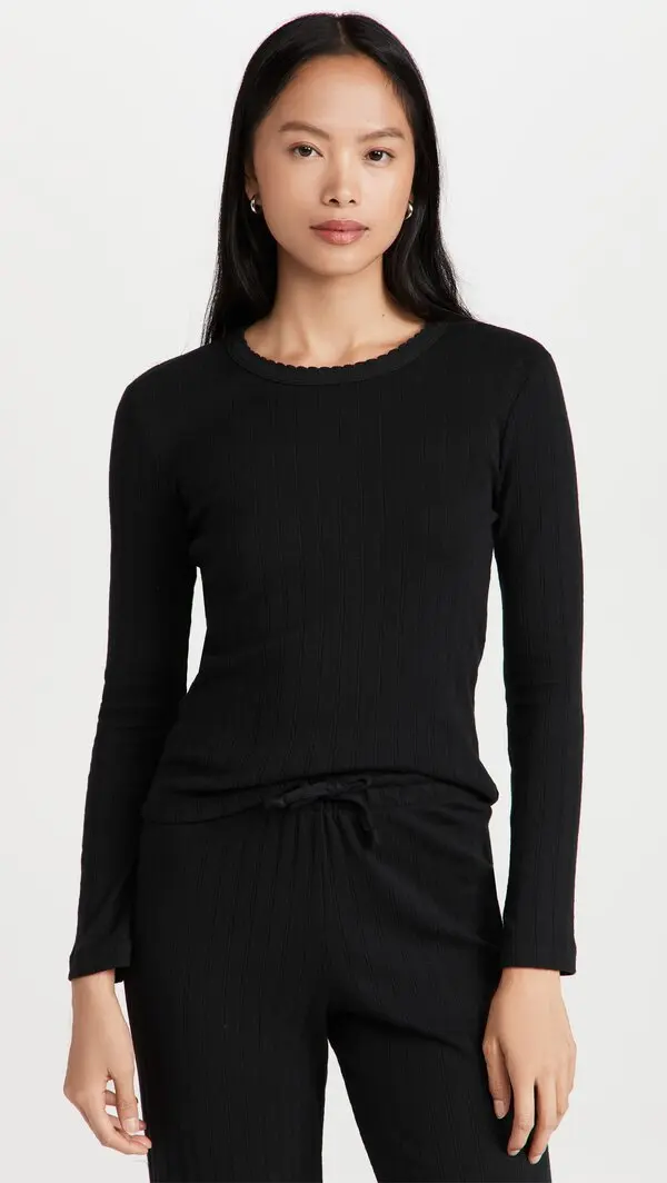 LESET Pointelle Slim Fit Long Sleeve Top - Black