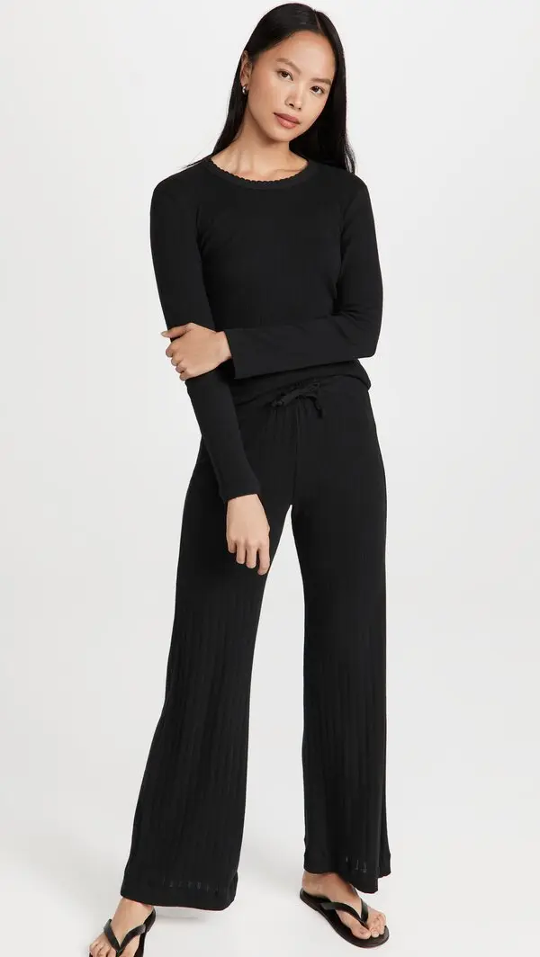 LESET Pointelle Slim Fit Long Sleeve Top - Black