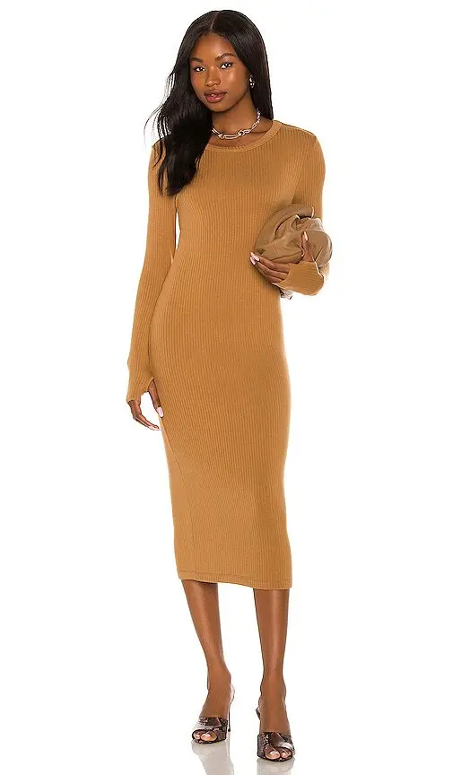 Enza Costa Cashmere Rib Long Sleeve Crew Midi Dress In Tan In Camel - 30%  Off | Editorialist