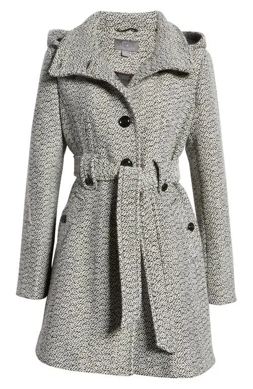 Gallery Belted Hooded A-line Coat - Blackwhite