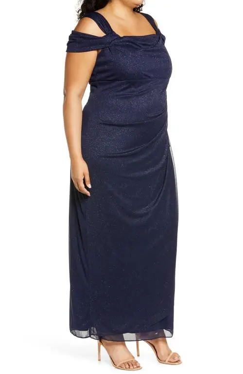 Alex Evenings Cold Shoulder Glitter Column Gown - Dark Navy