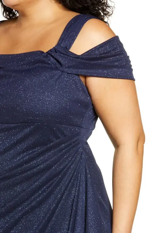 Alex Evenings Cold Shoulder Glitter Column Gown - Dark Navy