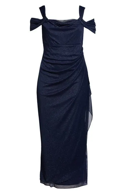 Alex Evenings Cold Shoulder Glitter Column Gown - Dark Navy