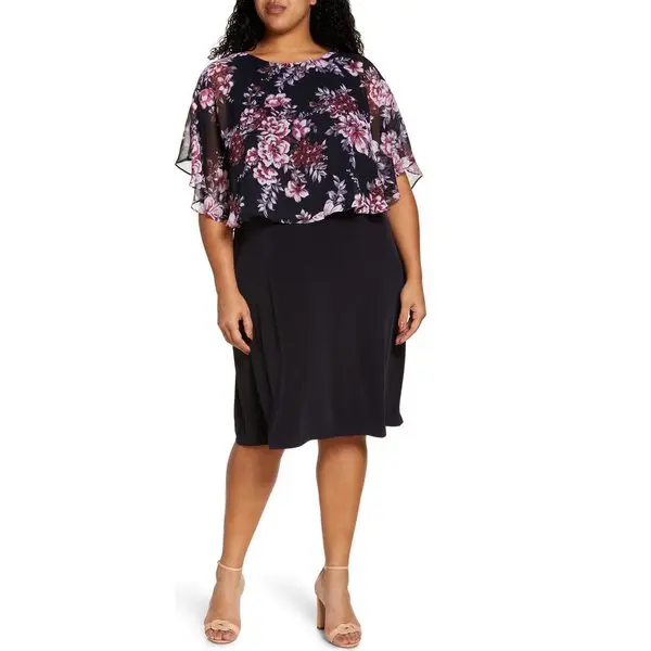 CONNECTED APPAREL Floral Overlay Cape Dress - Navy