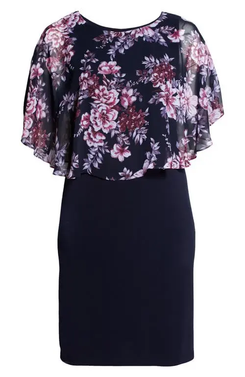 CONNECTED APPAREL Floral Overlay Cape Dress