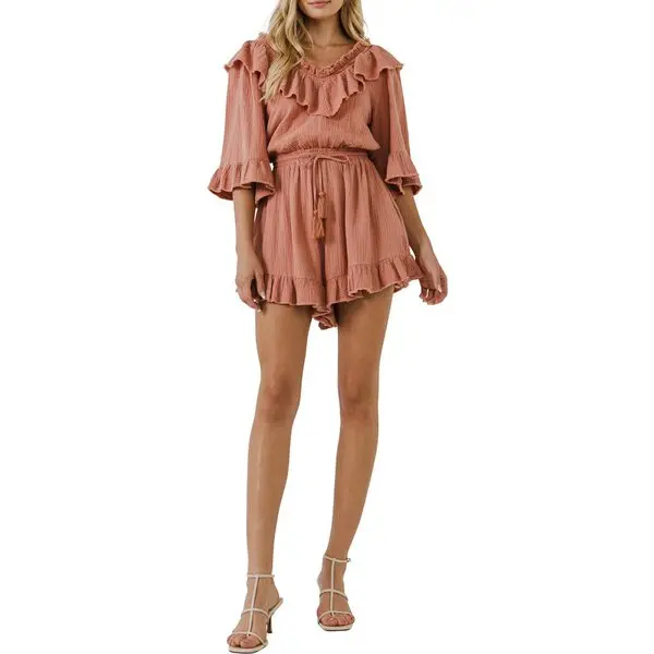 FREE THE ROSES Ruffle Detail Cotton Romper - Rust