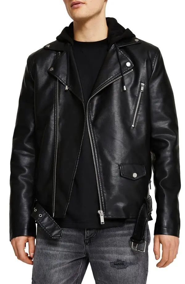 RIVER ISLAND Hooded Faux Leather Biker Jacket