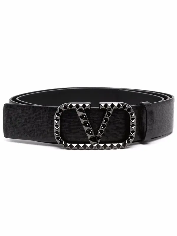 Valentino Garavani Studded Logo Buckle Leather Belt - Black