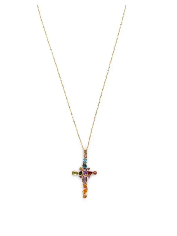 Dolce & Gabbana 18k Yellow Rainbow Gemstone Cross Pendant Necklace - Gold