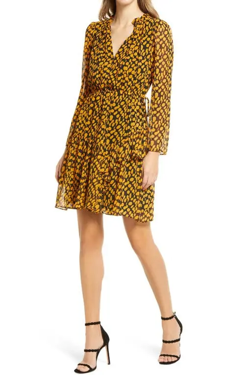 Sam Edelman Ruffle Long Sleeve Dress - Golden Dot