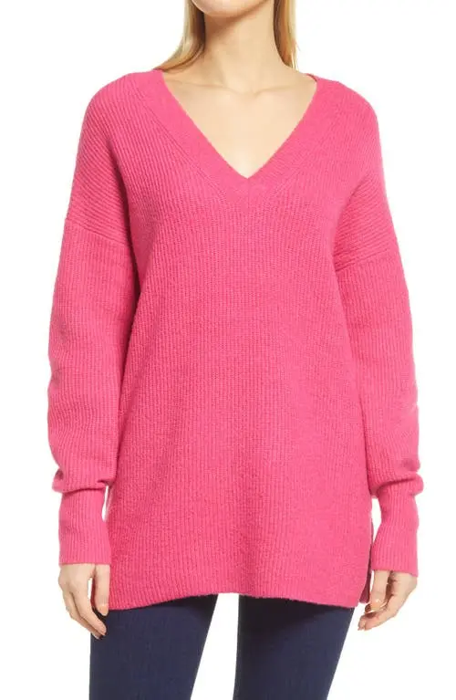 Halogen Rib Knit V-neck Tunic Sweater With Blouson Sleeves