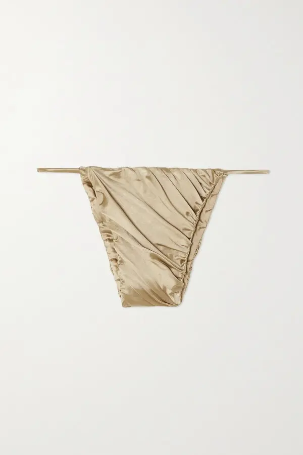 ISA BOULDER Flash Ruched Stretch-satin Bikini Briefs - Gold