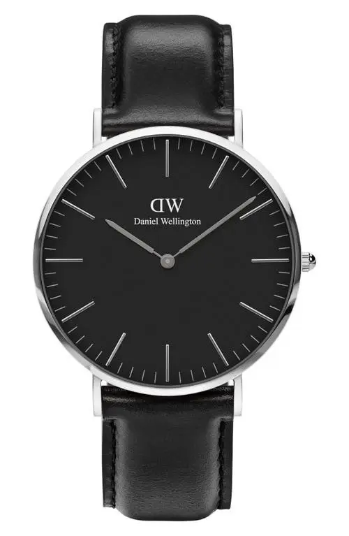 DANIEL WELLINGTON Classic Sheffield Leather Strap Watch - Silver/ Black