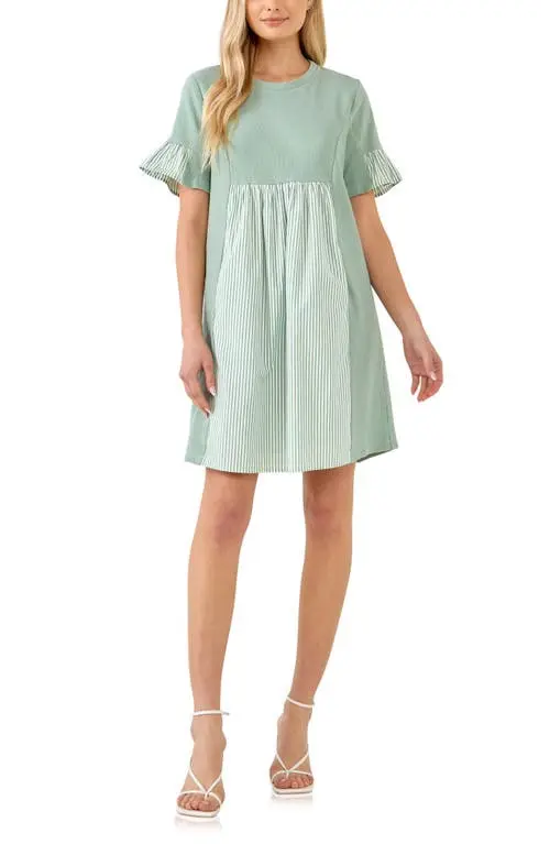 English Factory Stripe Knit A-line Dress - Sage