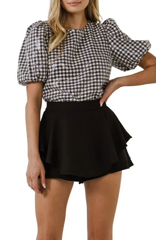 English Factory Sequin Gingham Top - Black/white