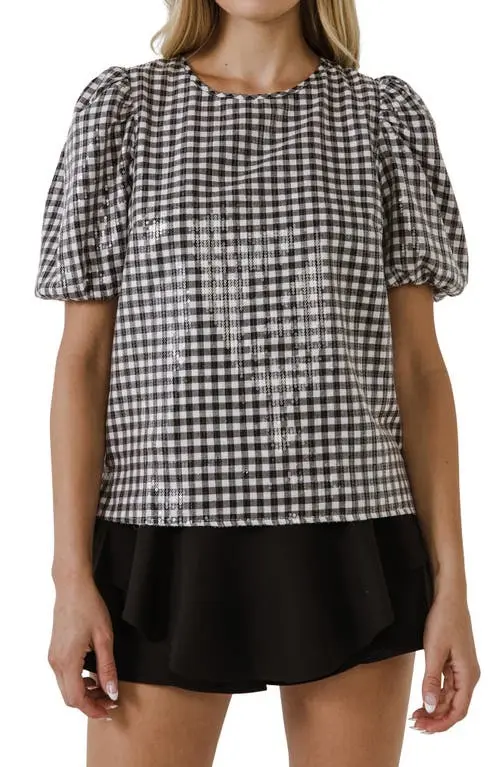English Factory Sequin Gingham Top - Black/white