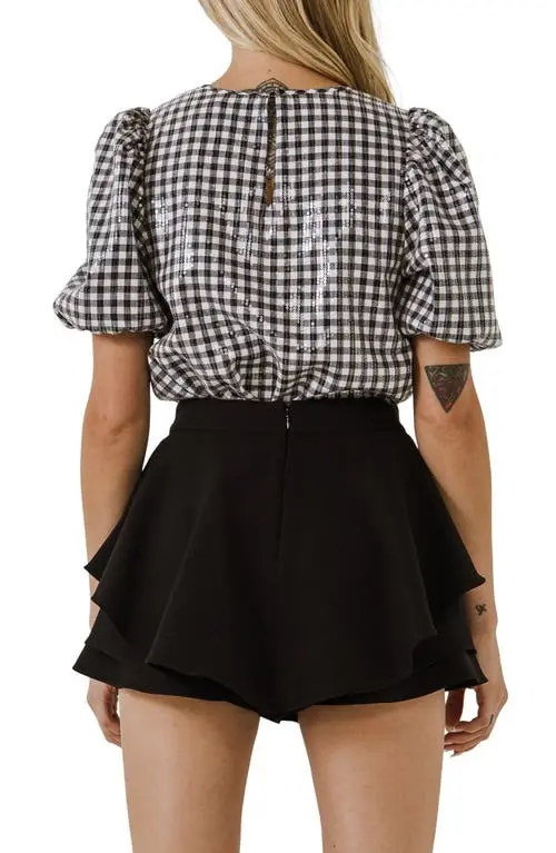 English Factory Sequin Gingham Top - Black/white