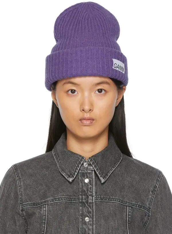 Ganni Purple Recycled Rib Knit Beanie In 544 Persian Violet  display picture 3