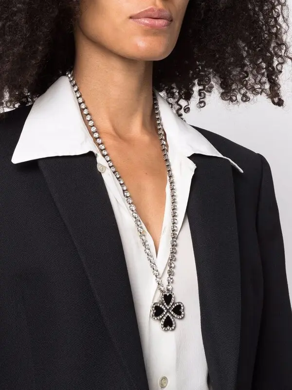 Saint Laurent Crystal Heart Clover Enamel Necklace