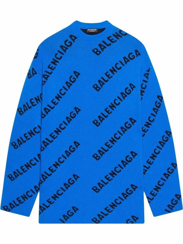 Balenciaga All Over Logo Wool Jumper - Blue