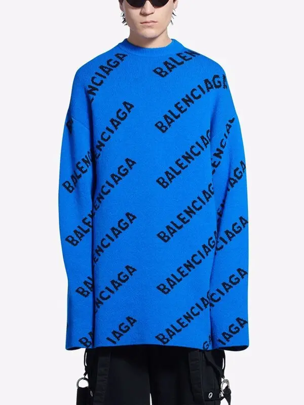 Balenciaga All Over Logo Wool Jumper - Blue