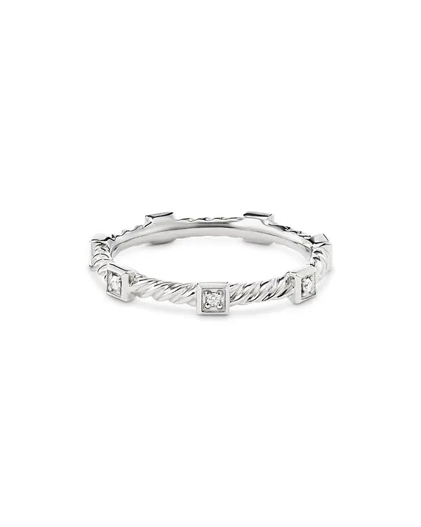 David Yurman 18k Cable Collectibles Diamond Stack Ring - White Gold