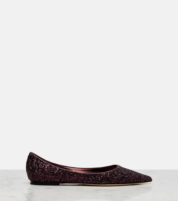 JIMMY CHOO Love Glitter Ballet Flats Pointed Toe Flat - Burgundy