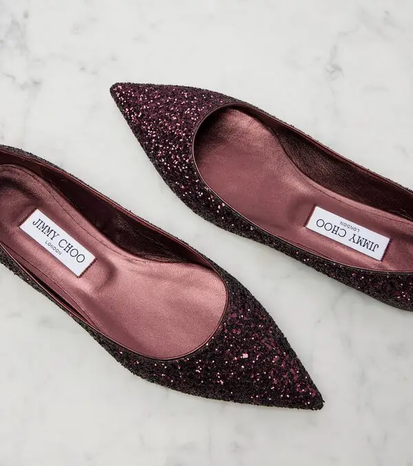 JIMMY CHOO Love Glitter Ballet Flats Pointed Toe Flat - Burgundy