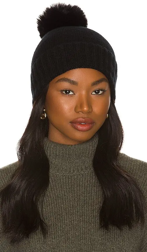 Hat Attack Cashmere Slouchy Cuff Beanie With Faux Fur Pom - Black