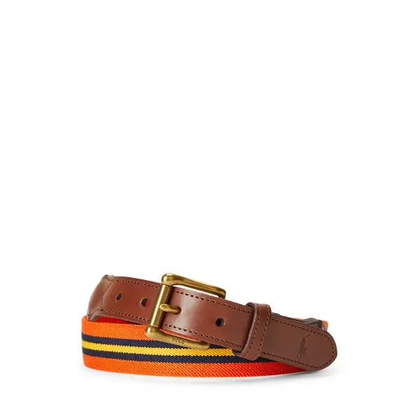 Ralph Lauren Leather-trim Striped Belt - Orange / Navy