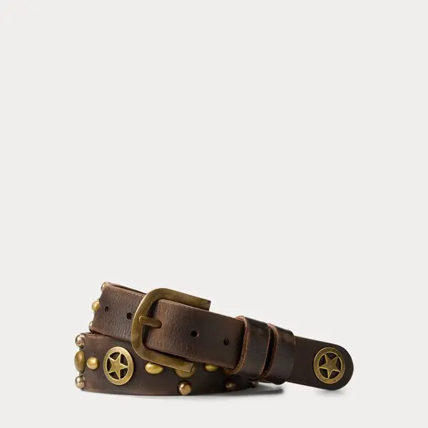 Ralph Lauren Studded Leather Belt - Black Over Brown/brass
