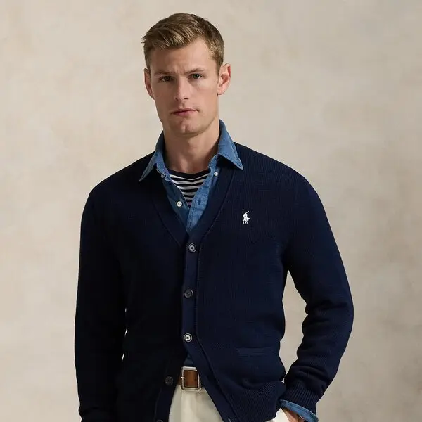 Ralph Lauren Cotton V-neck Cardigan - Hunter Navy/white