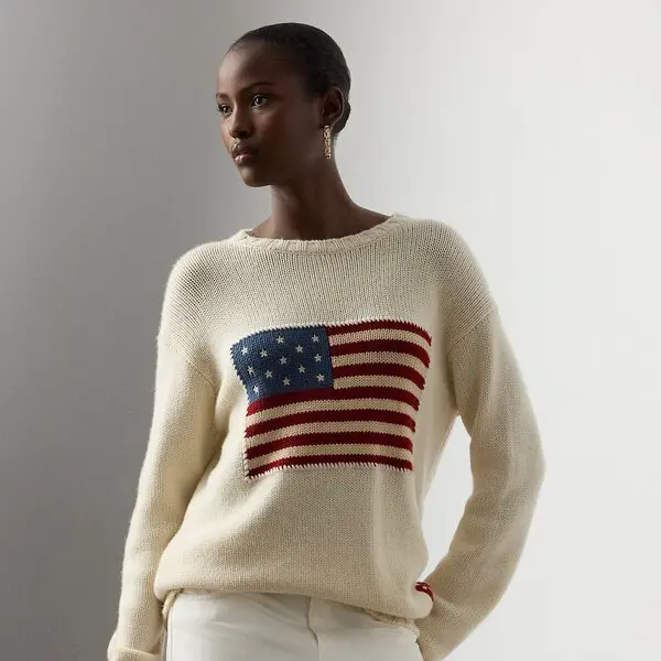 Ralph Lauren Flag Cashmere Crewneck Sweater - Lux Cream W/flag