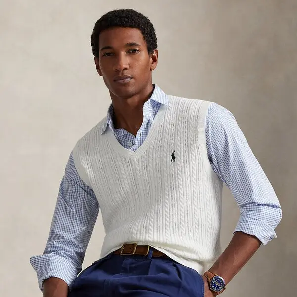 Ralph Lauren Cable-knit Cotton Sweater Vest - Deckwash White/navy