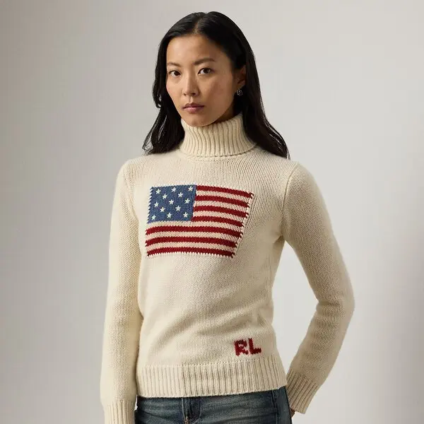 Ralph Lauren Flag Cashmere Turtleneck Sweater - Lux Cream W/flag