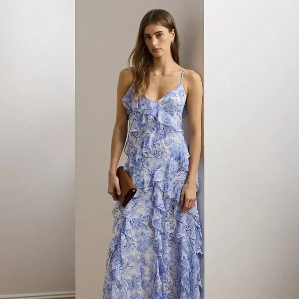 Ralph Lauren Floral Ruffle-Trim Georgette Gown - White/Blue