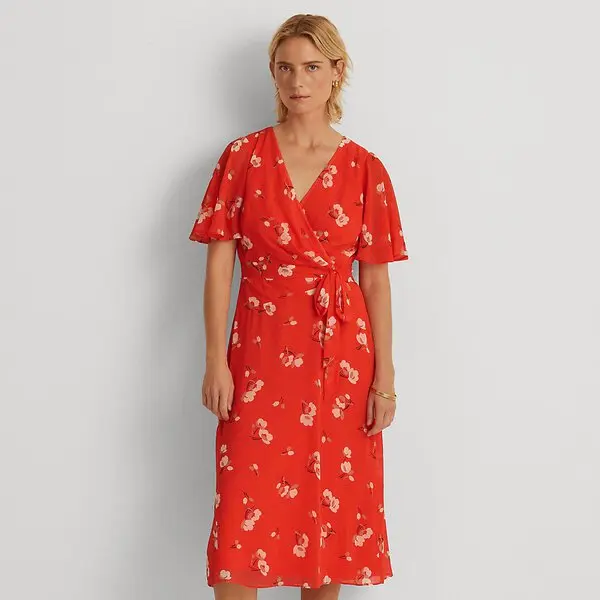Ralph Lauren Floral Crinkled Georgette Dress In Orange/Cream/Tan - 29% Off  | Editorialist
