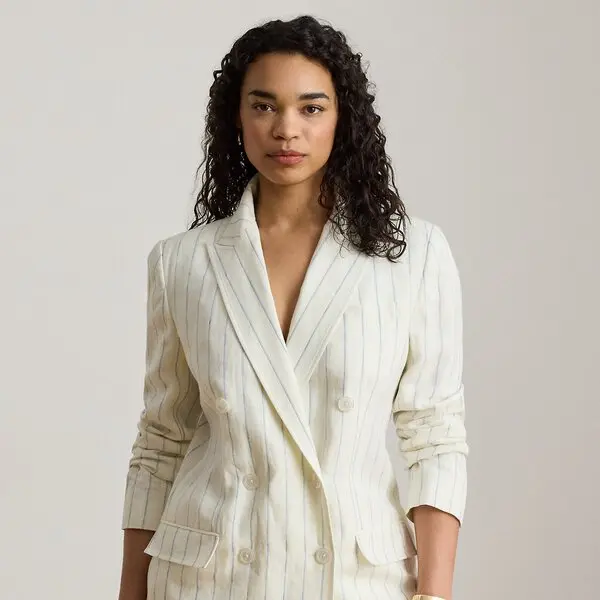 Ralph Lauren Striped Linen Twill Double-breasted Blazer - White/blue Multi