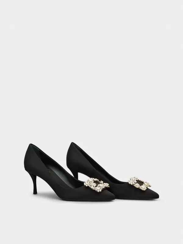 ROGER VIVIER Efflorescence Satin Pumps With Crystal Buckle - Black