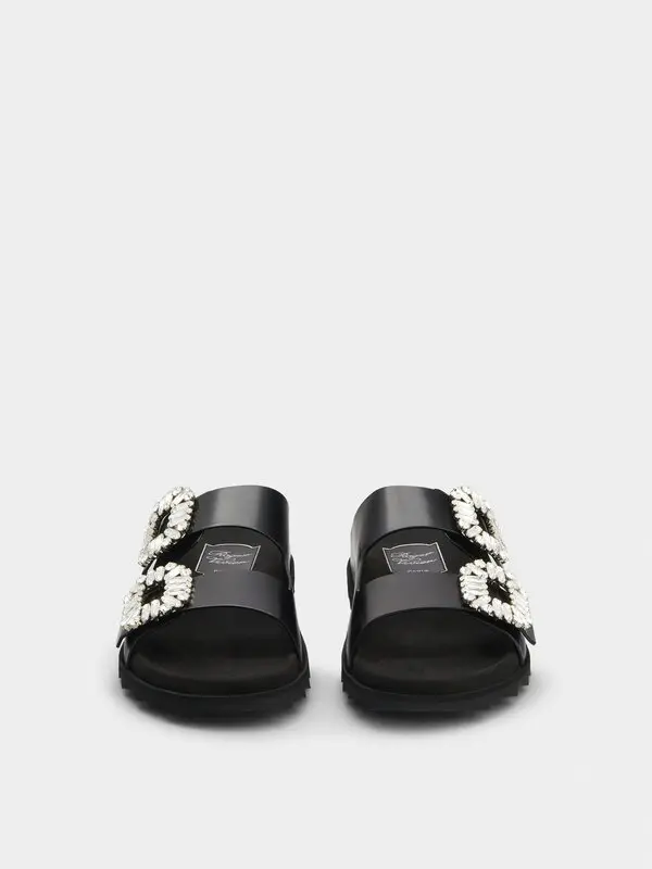 ROGER VIVIER Slidy Viv Leather Mules With Crystal Buckles - Black