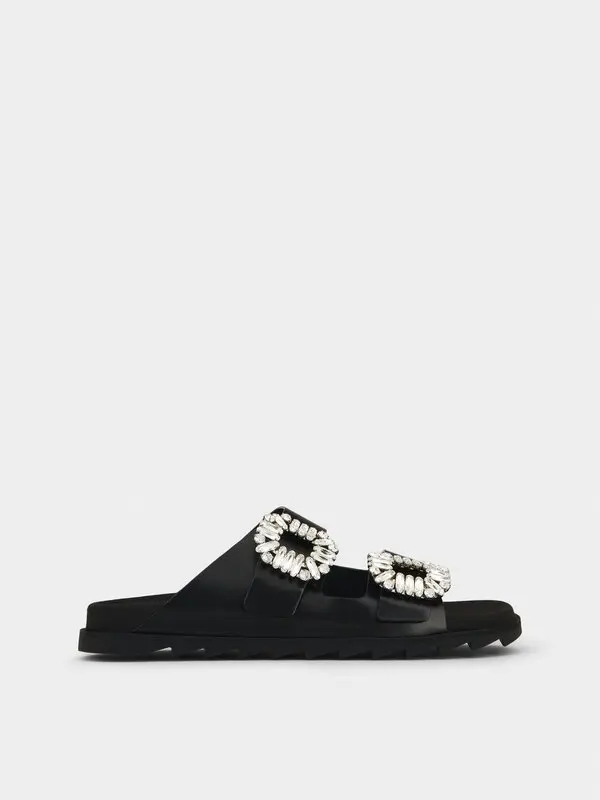 ROGER VIVIER Slidy Viv Leather Mules With Crystal Buckles - Black
