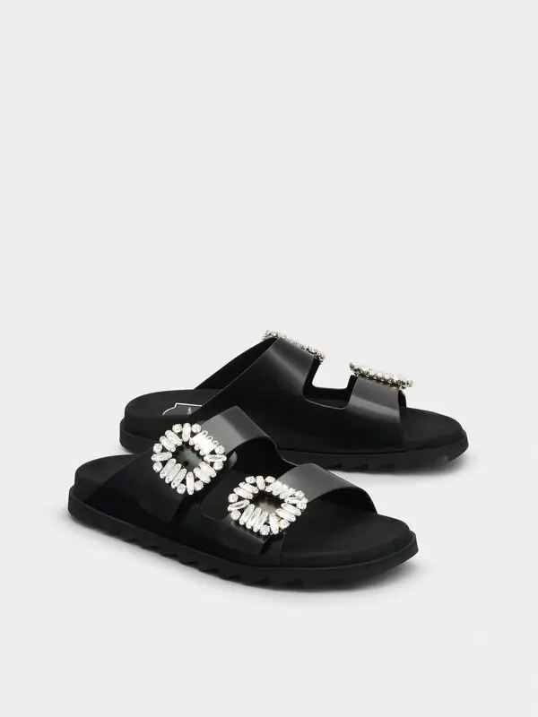 ROGER VIVIER Slidy Viv Leather Mules With Crystal Buckles - Black