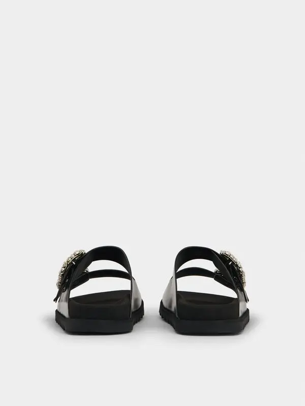 ROGER VIVIER Slidy Viv Leather Mules With Crystal Buckles - Black