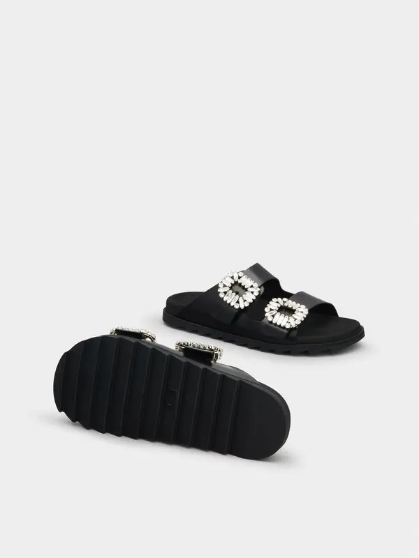 ROGER VIVIER Slidy Viv Leather Mules With Crystal Buckles - Black